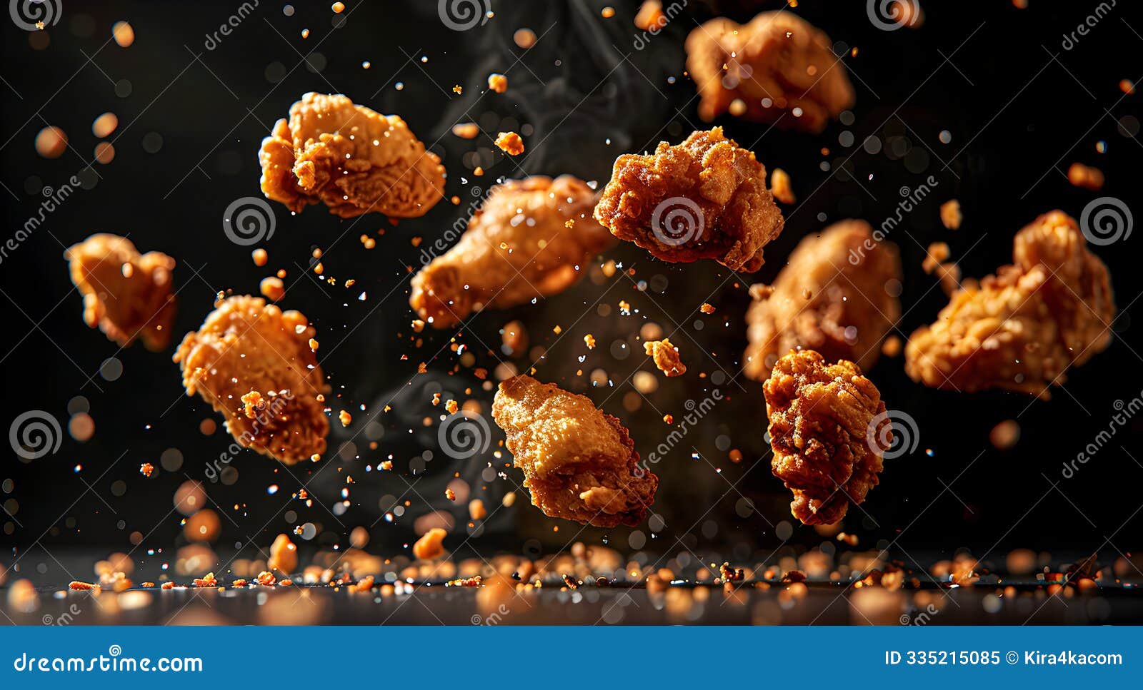Pieces of Breaded Fried Chicken Falling Against a Black Background ...