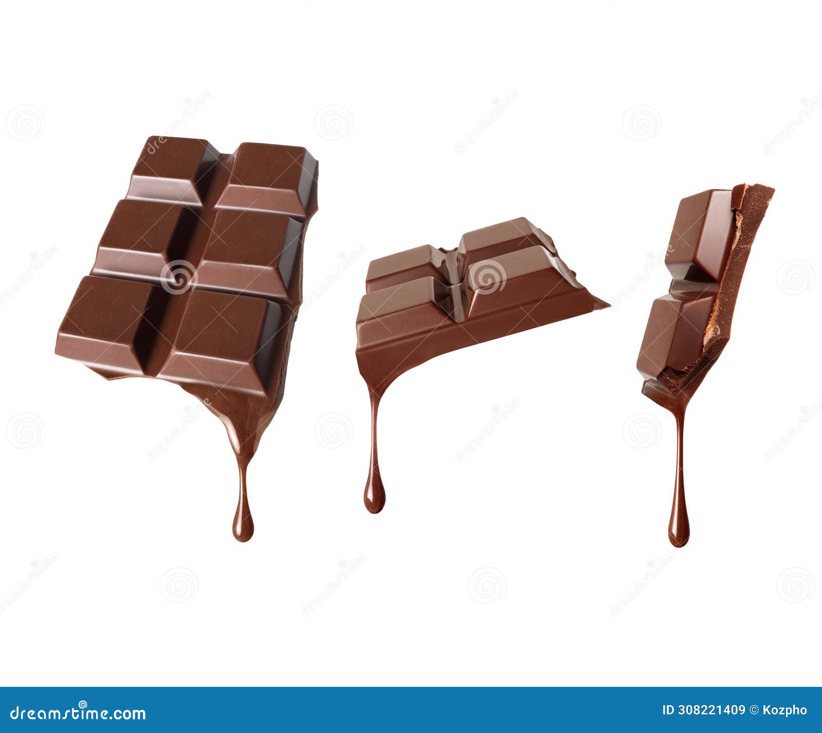 Pieces of Broken Chocolate Bar with Dripping Drops Isolated on a White ...