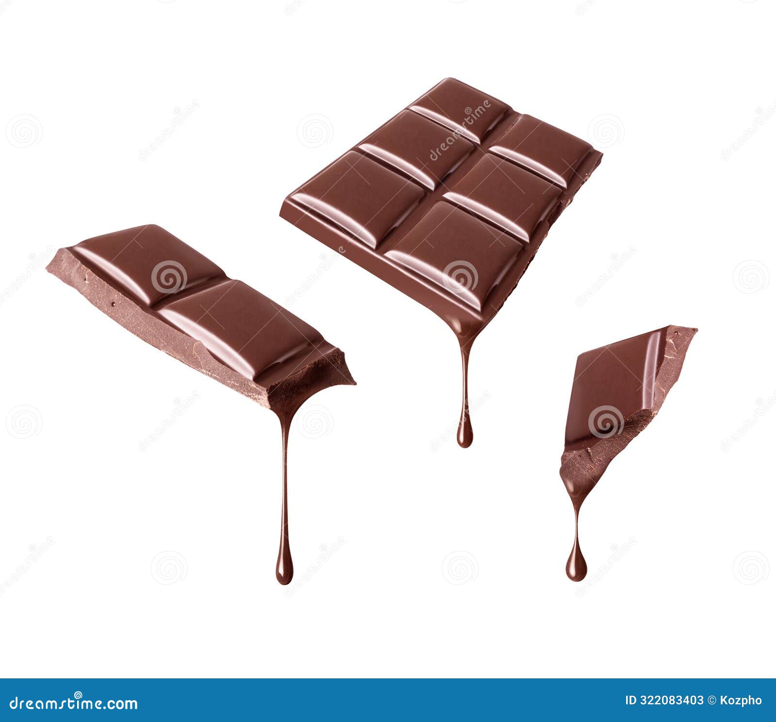 Pieces of Broken Chocolate Bar with Dripping Drops Isolated on White ...