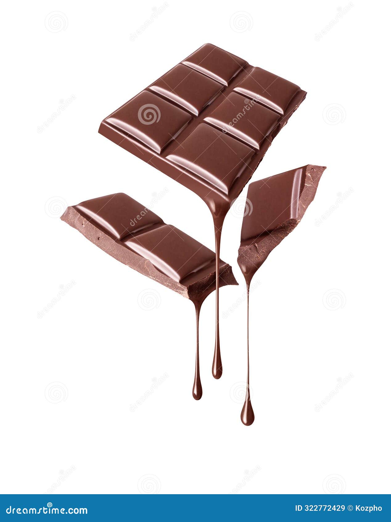 Pieces of Broken Chocolate Bar with Stretched Dripping Drops Isolated ...