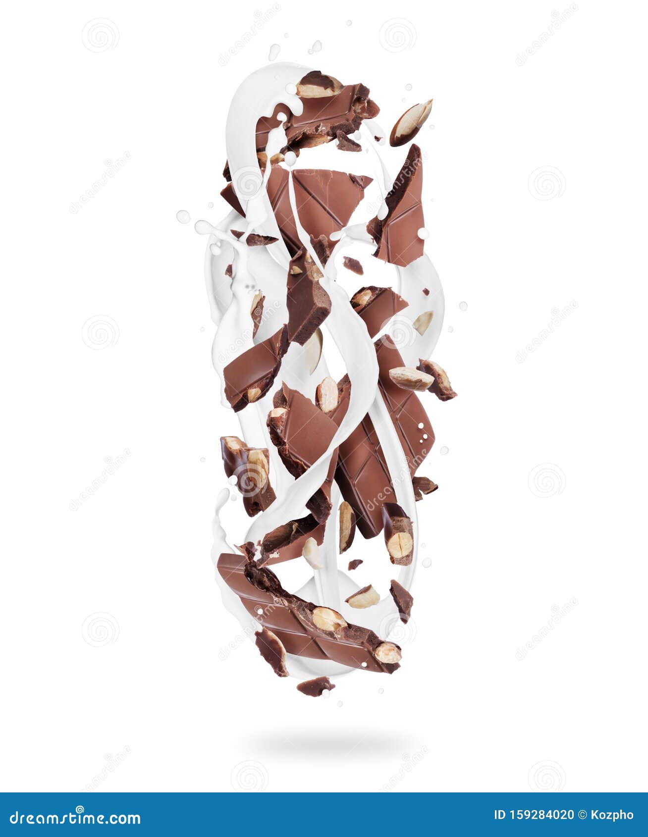 Pieces of Broken Chocolate with Milk Splashes Falling Down on White ...