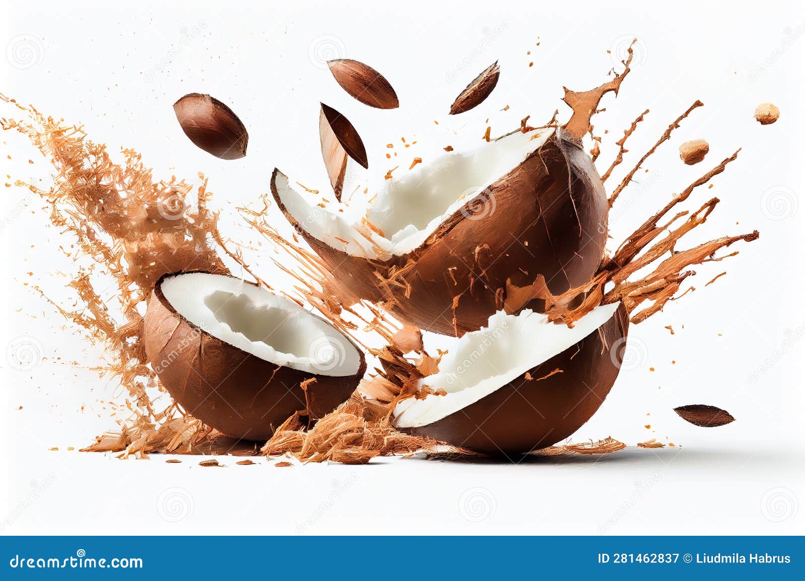 Pieces of Broken Coconut with Splashes Isolated on White Background ...