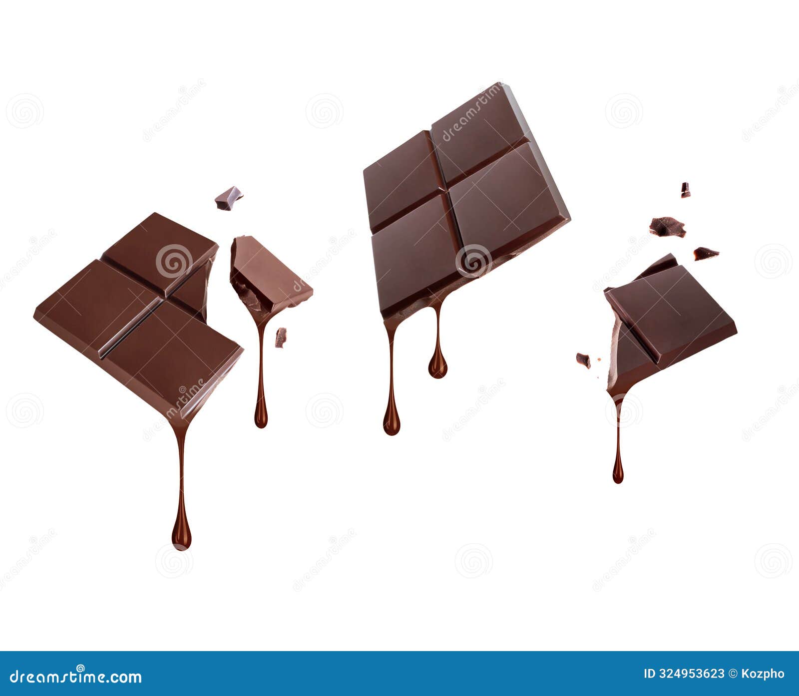 Pieces of Broken Dark Chocolate Bar with Dripping Drops Isolated on ...