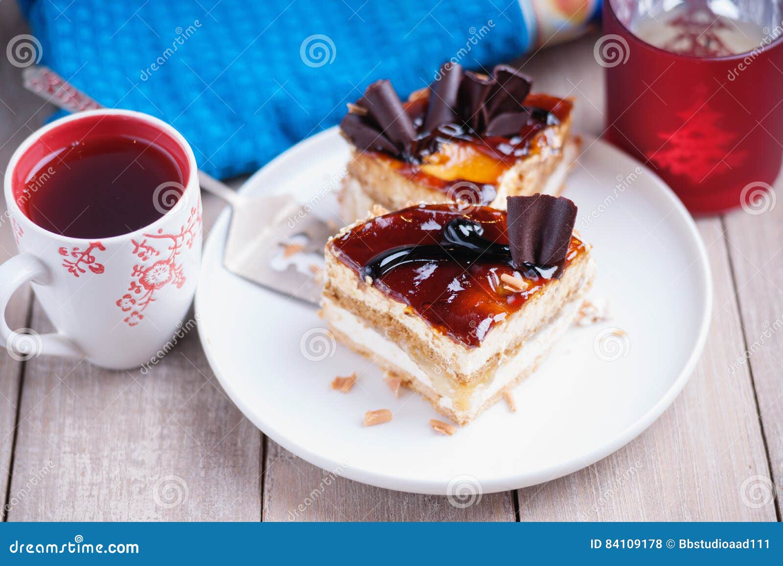 Pieces of Cake, Metal Paddle and Cup of Tea Stock Photo - Image of ...