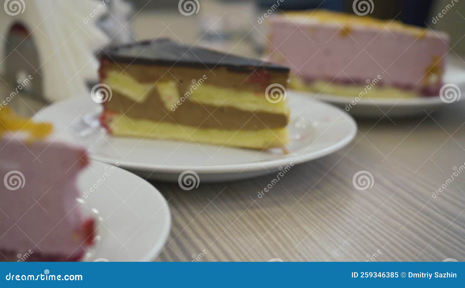 Pieces of Cakes on the Table, Camera Passage. Office Sweets, Different ...