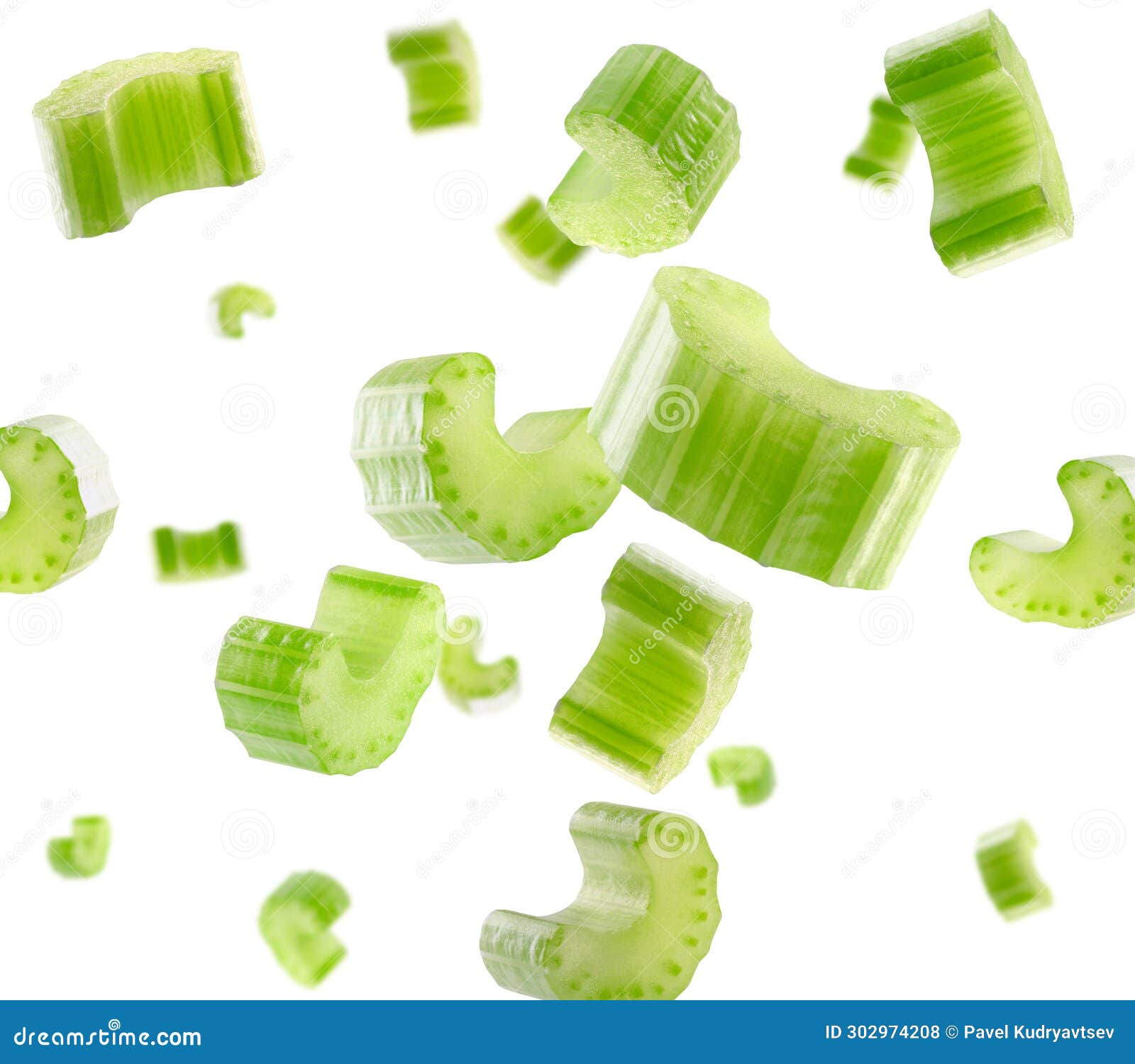 Pieces of Celery Fly and Levitate in Space. Isolated on White Stock ...