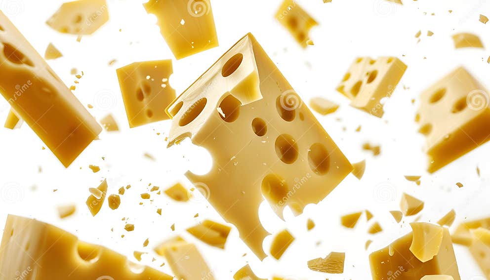 Pieces of Cheese Flying on White Stock Illustration - Illustration of ...