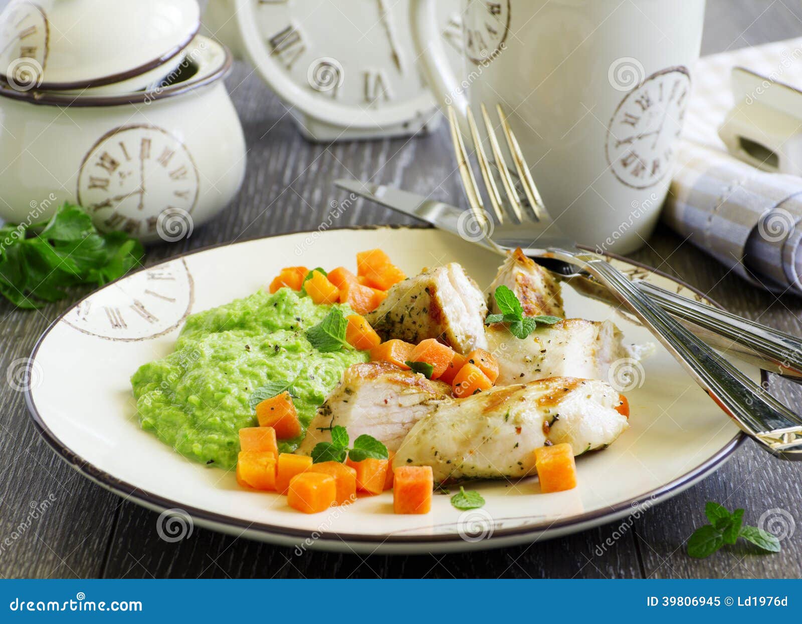 Pieces of Chicken with Pea Puree Stock Image - Image of drink, puree ...