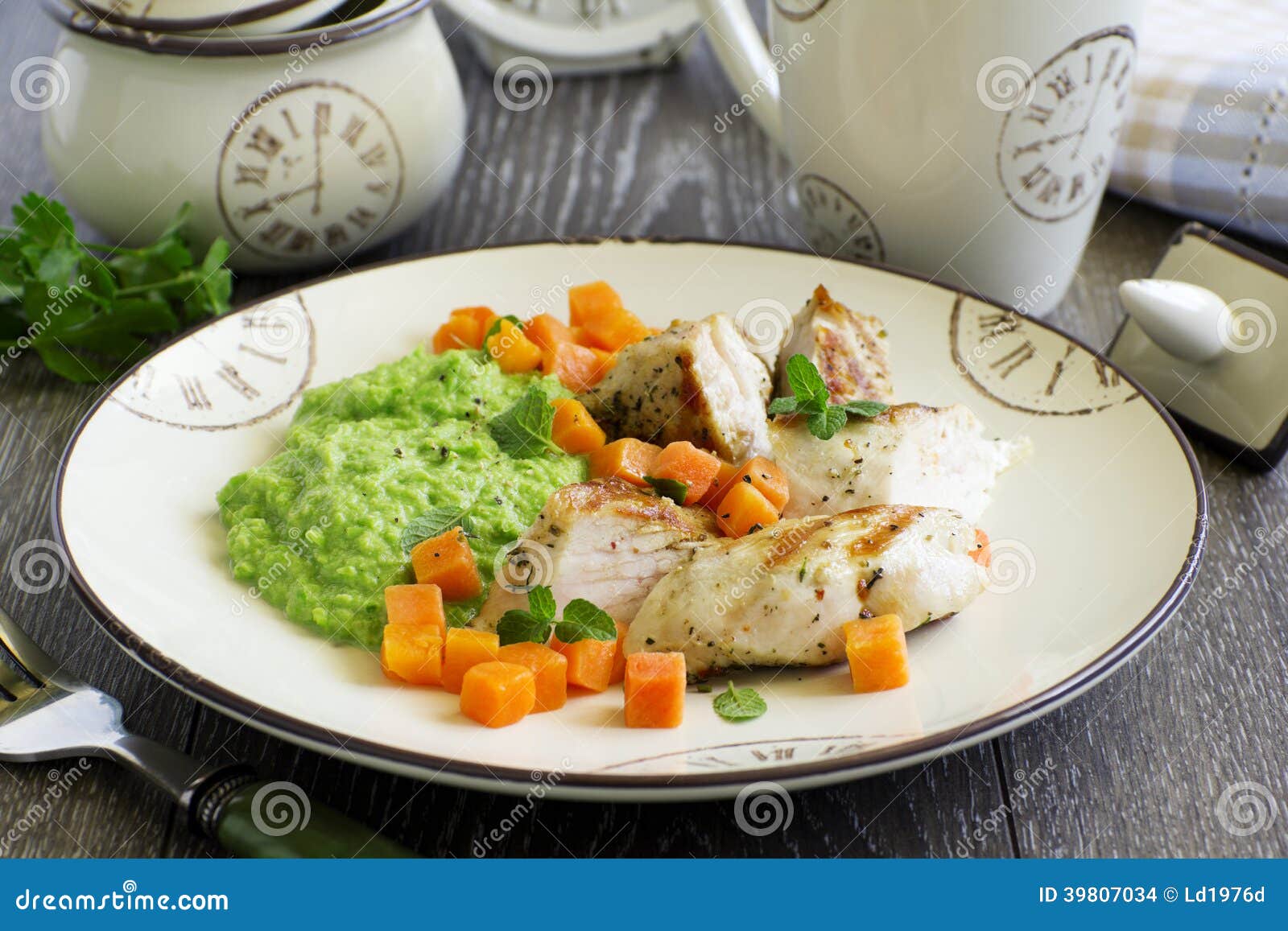 Pieces of Chicken with Pea Puree Stock Photo - Image of gourmet, carrot ...