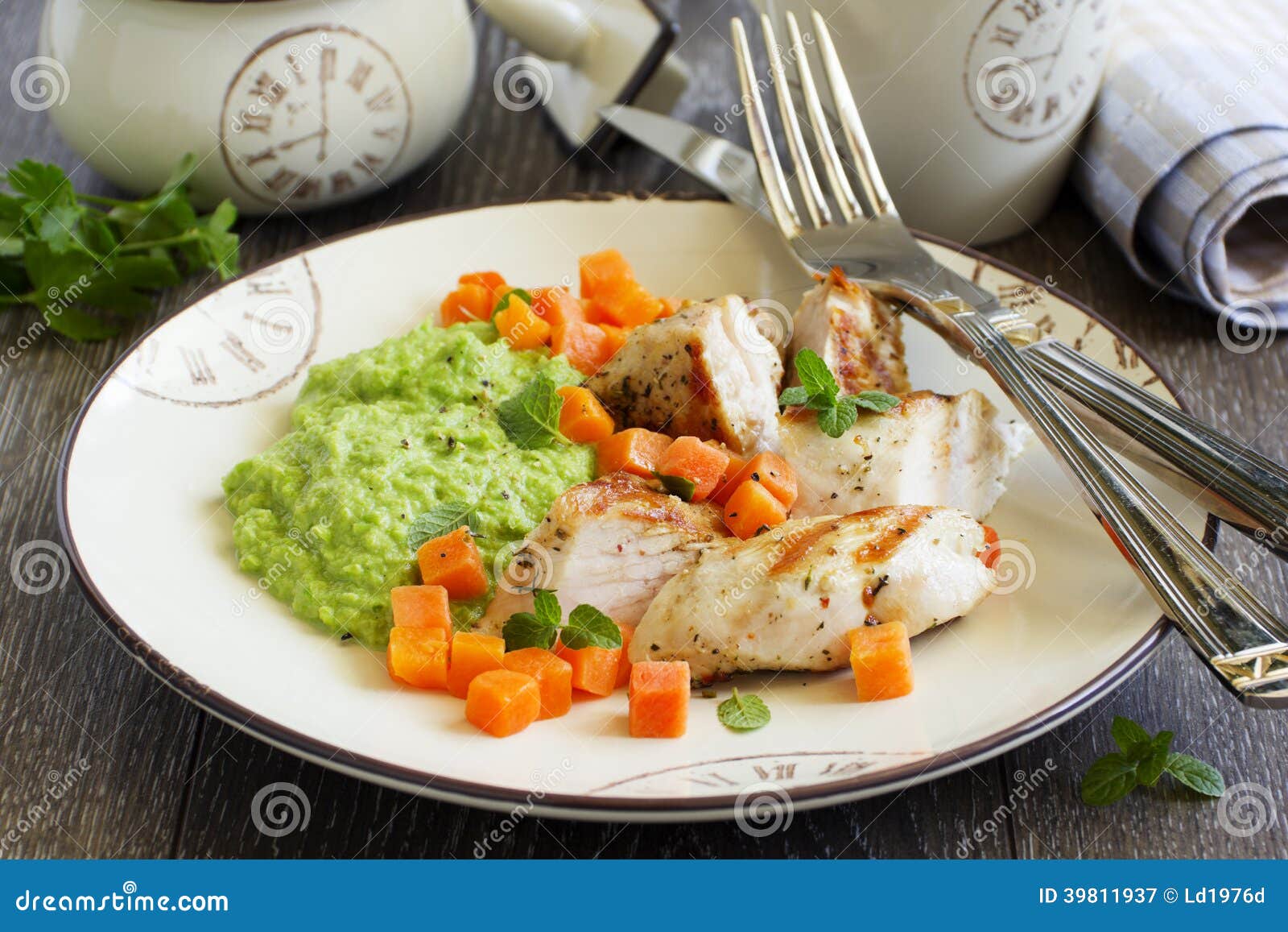 Pieces of Chicken with Pea Puree Stock Image - Image of white ...