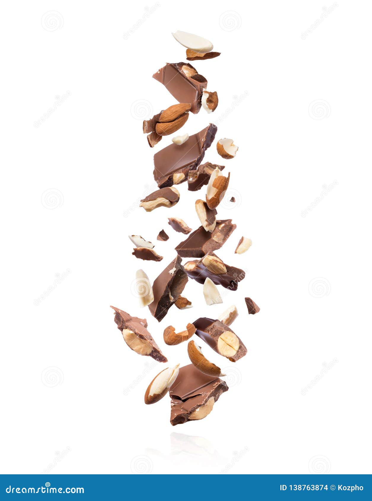 Pieces of Chocolate Bar with Almonds Falling Down on White Background ...