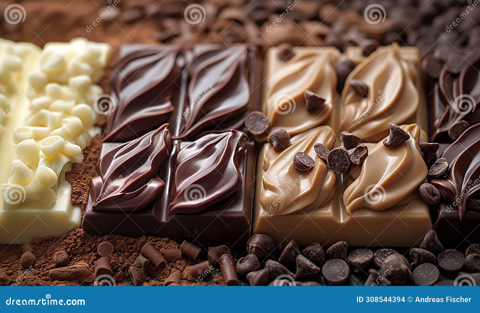 Pieces of Chocolate Bar with Chocolate Chips on Rust Wood Background ...