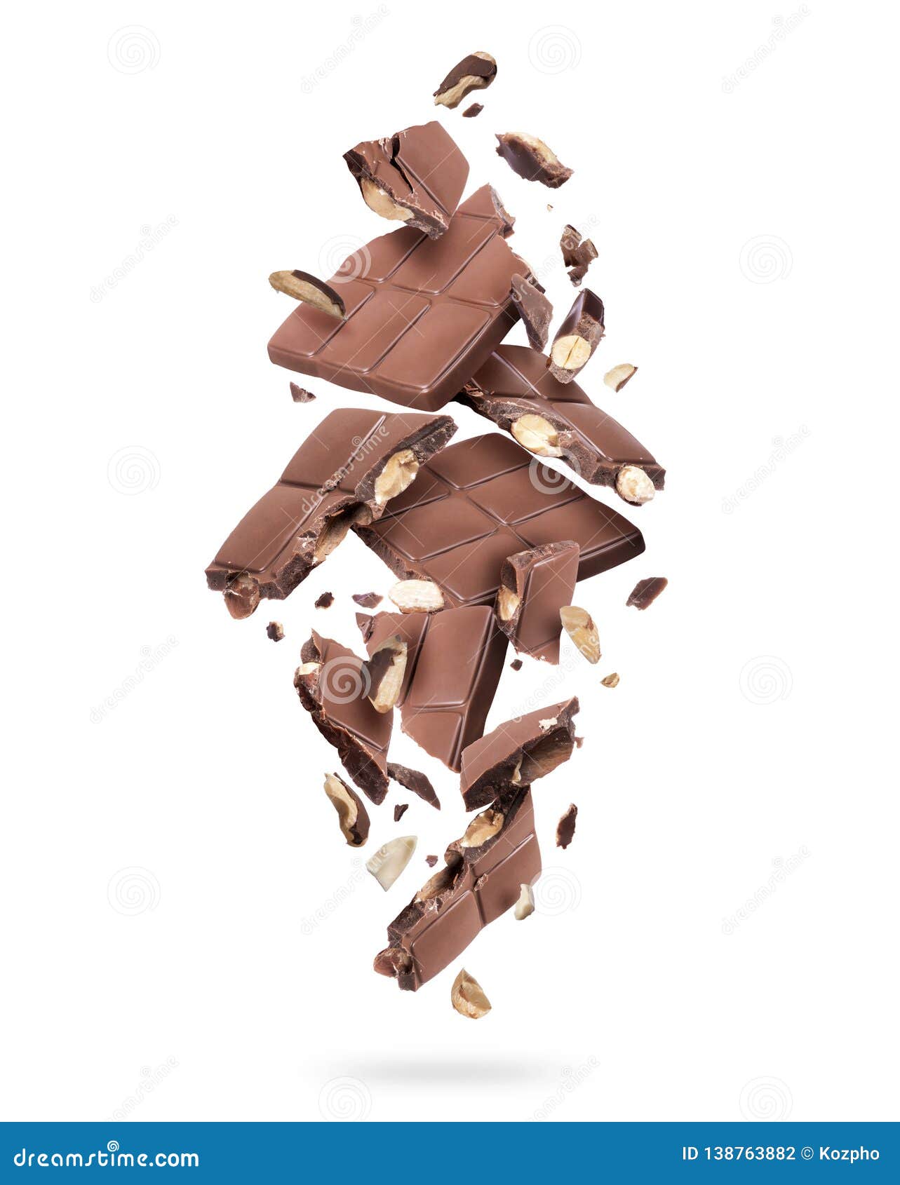 Pieces of Chocolate Bar with Nuts Falling Down on White Background ...