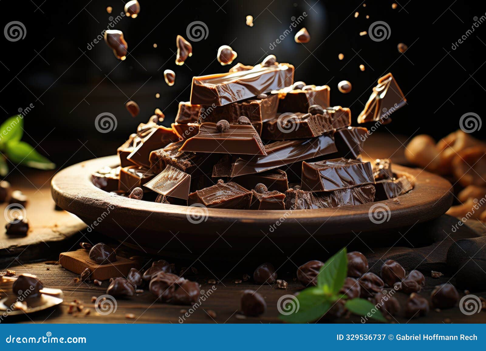 Pieces of Chocolate Falling and Sliding on the Light Wooden Plate Il ...
