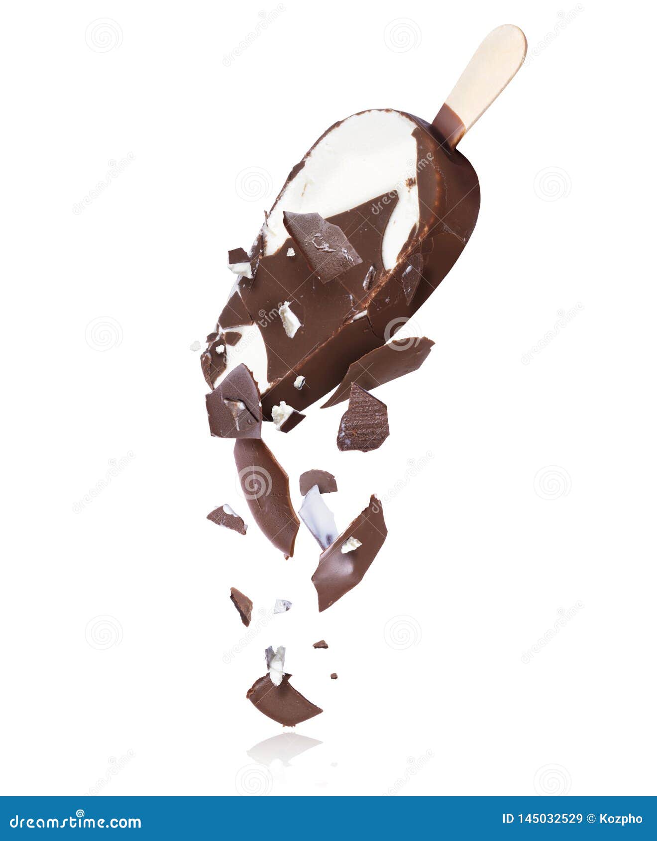 Pieces Of Chocolate Ice Cream Are Falling Down, Isolated On White ...