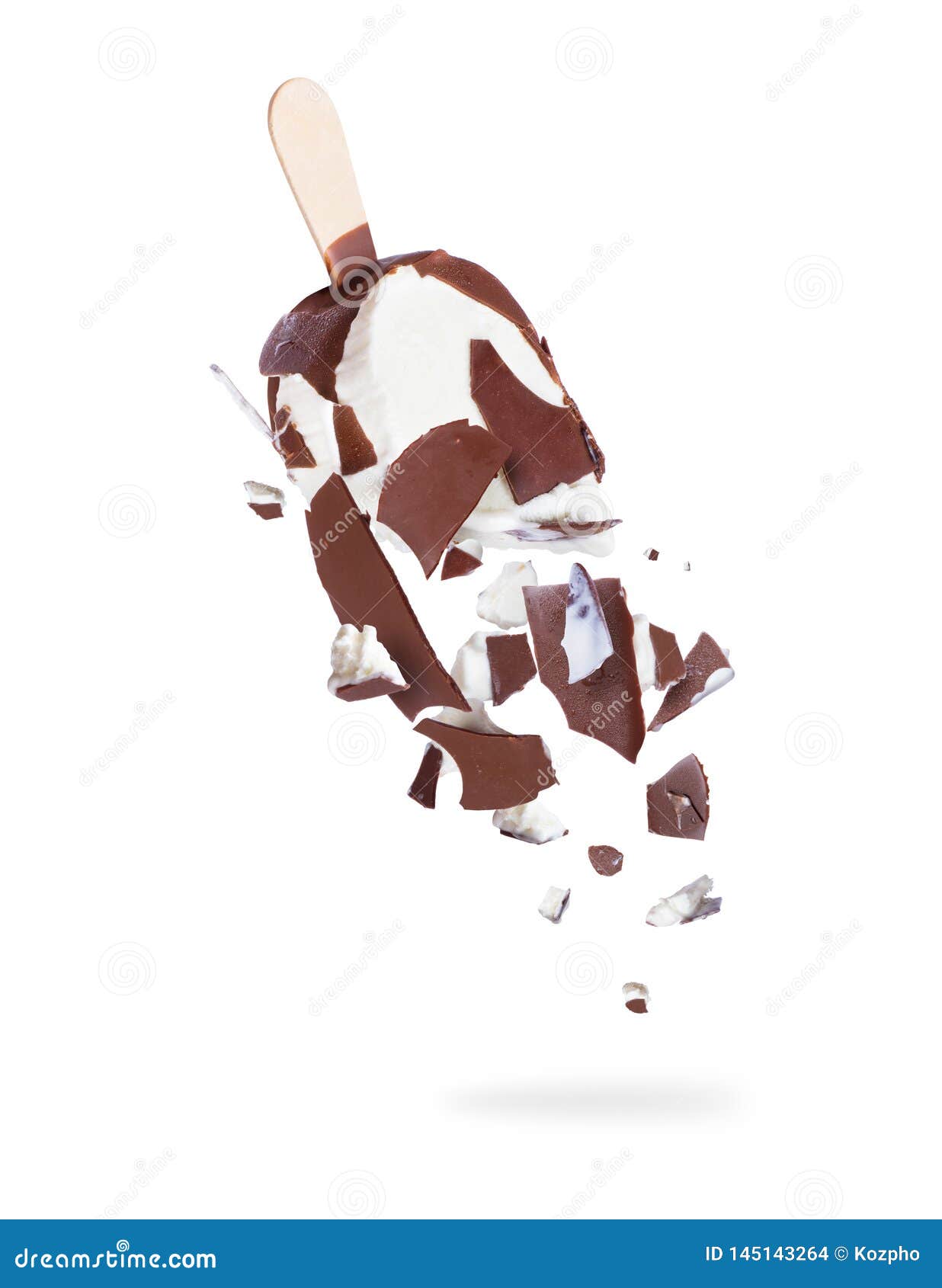 Pieces of Chocolate Ice Cream are Falling Down on a White Background ...