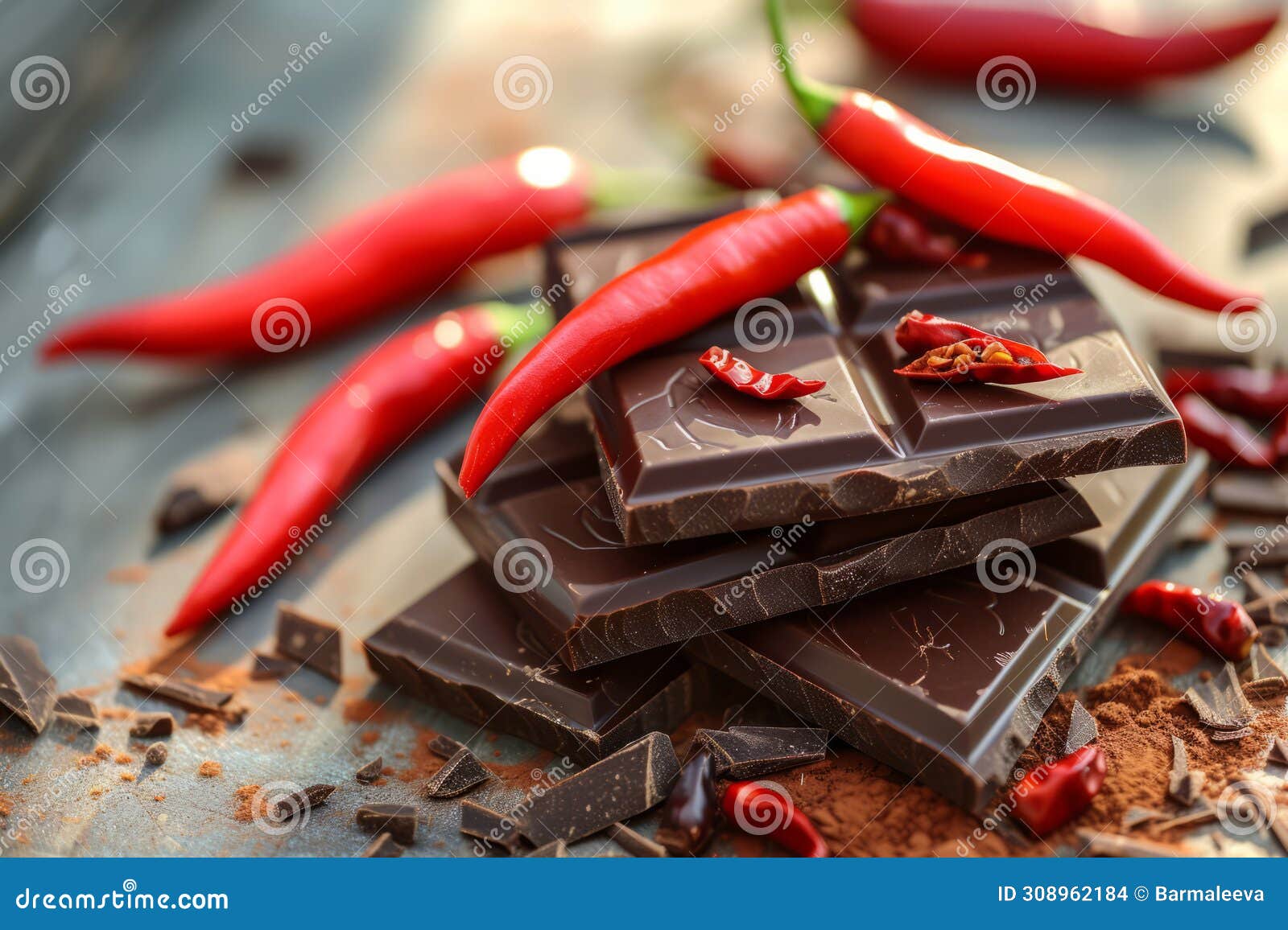 Pieces of Chocolate with Red Chilli Pepper. Chunks of Broken Dark ...