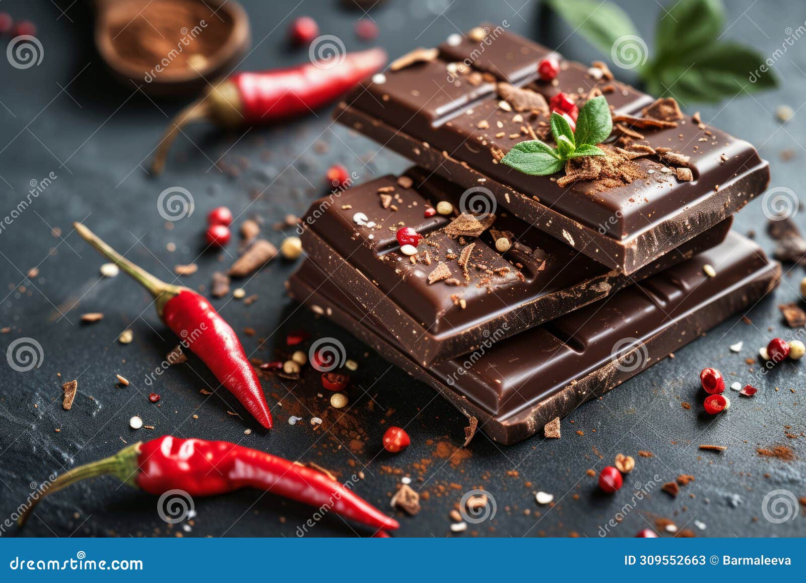 Pieces of Chocolate with Red Chilli Pepper. Chunks of Broken Dark ...