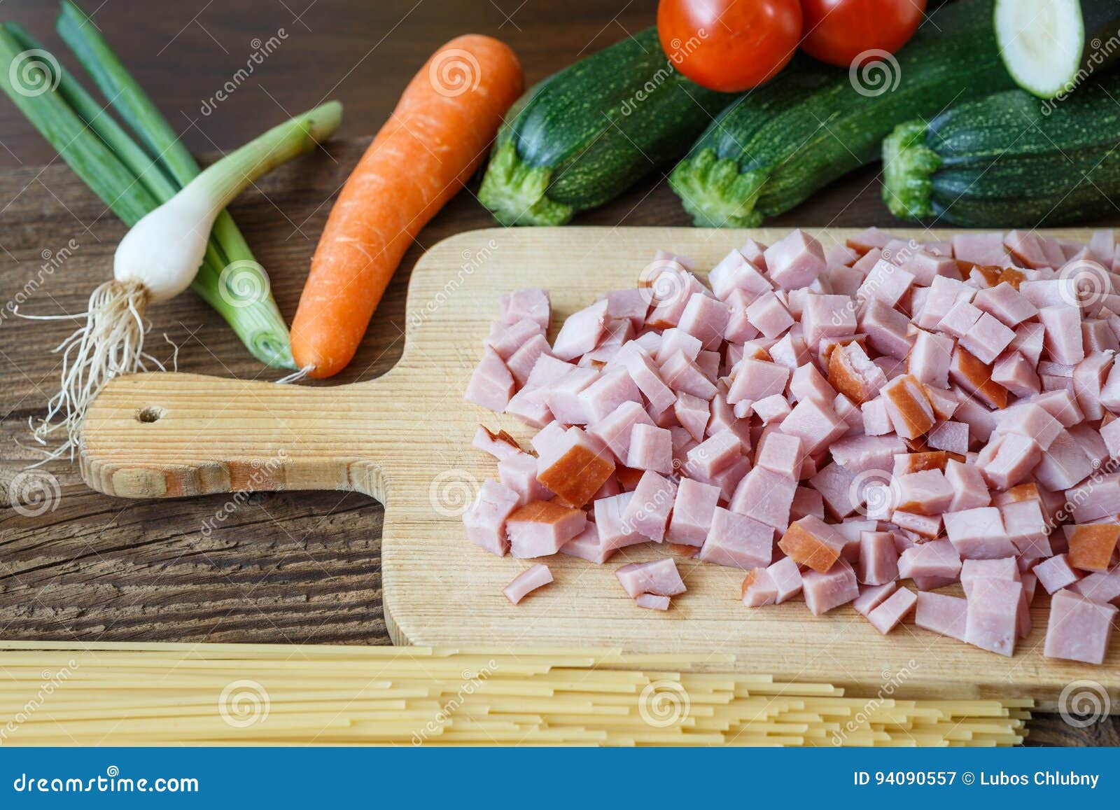 Pieces of chopped ham stock image. Image of pieces, pasta - 94090557