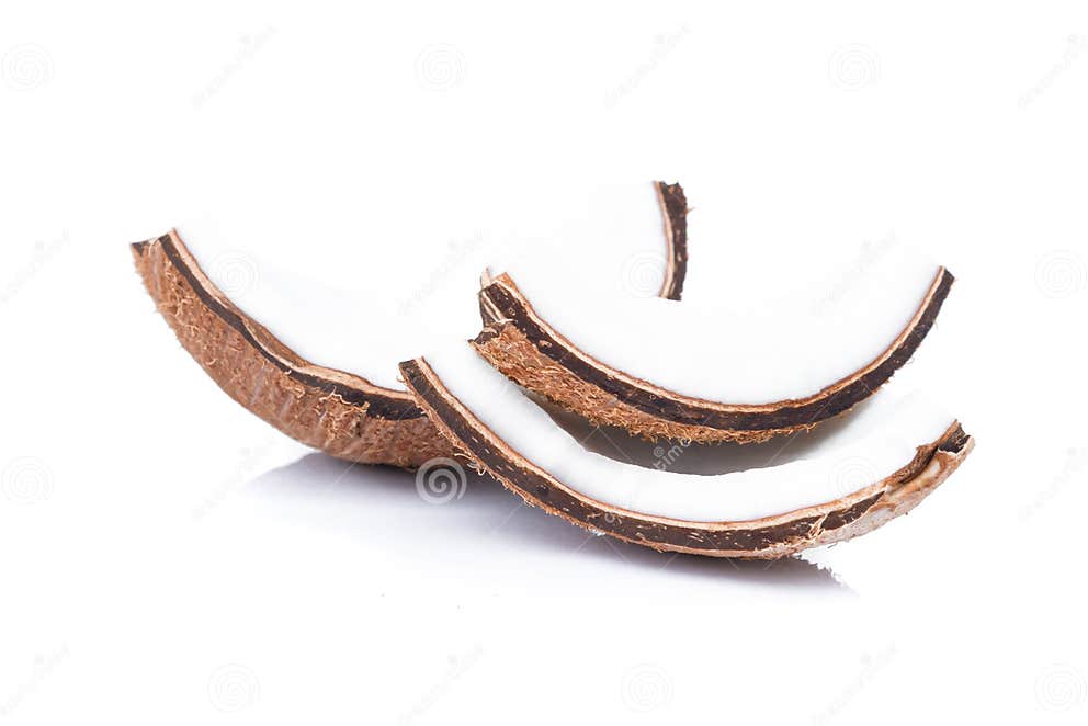 Pieces of Coconut Shell Broken into Pieces and Stacked on White Stock ...