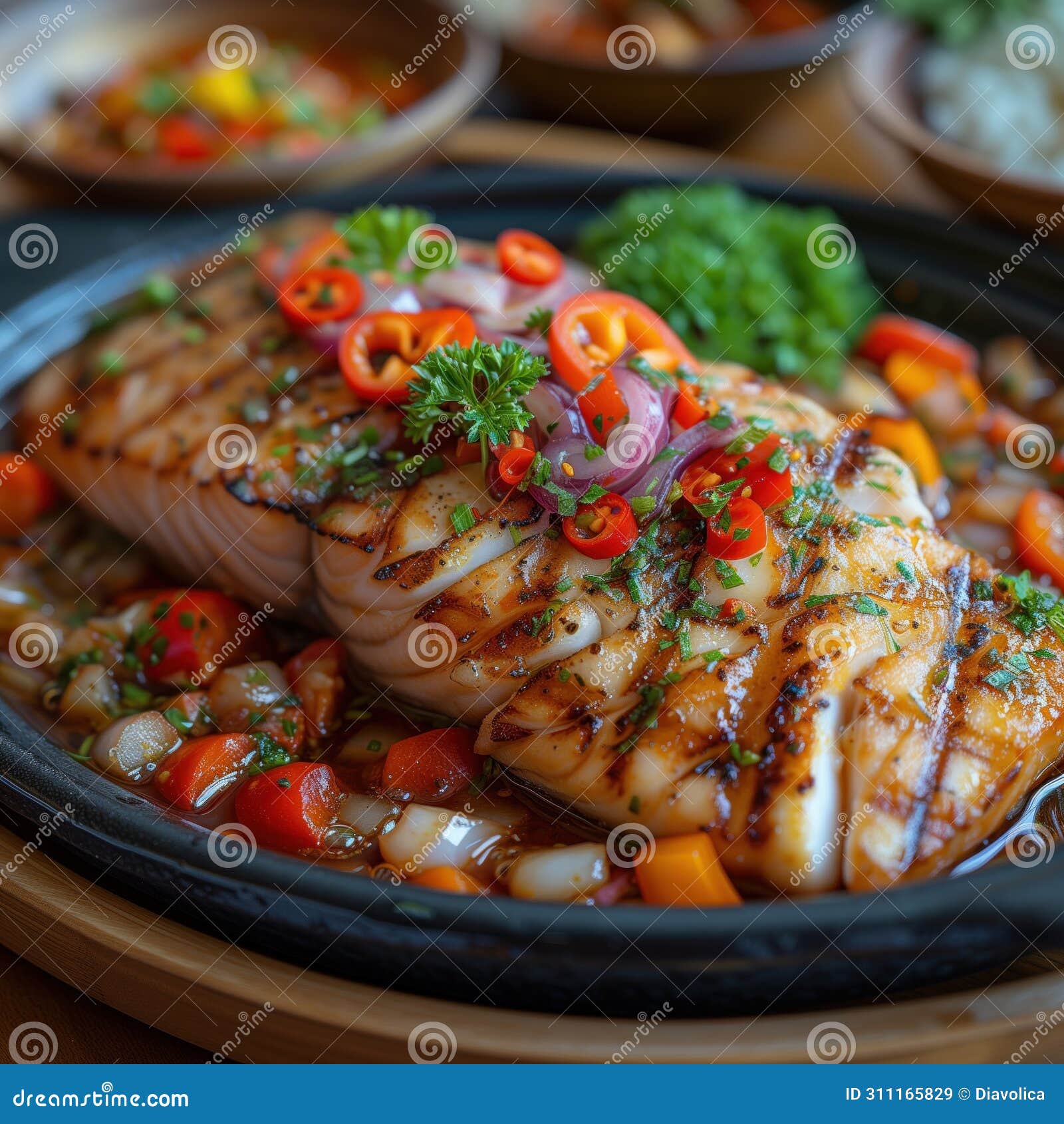 Pieces of Cooked Fish in Sauce with Vegetables Stock Illustration ...