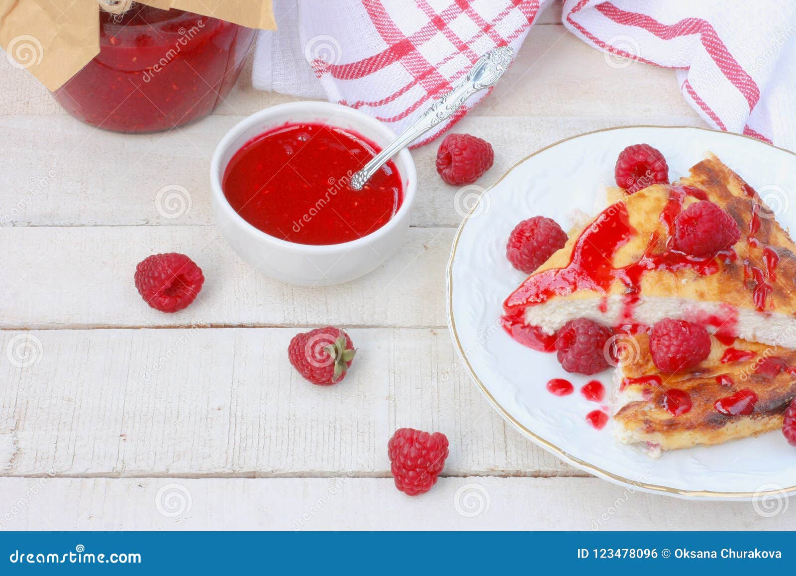 Pieces of Curd Pudding with Raspberry Jam Closeup Stock Photo - Image ...