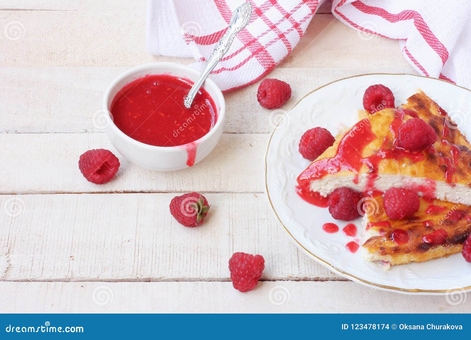 Pieces of Curd Pudding with Raspberry Jam Stock Photo - Image of milk ...