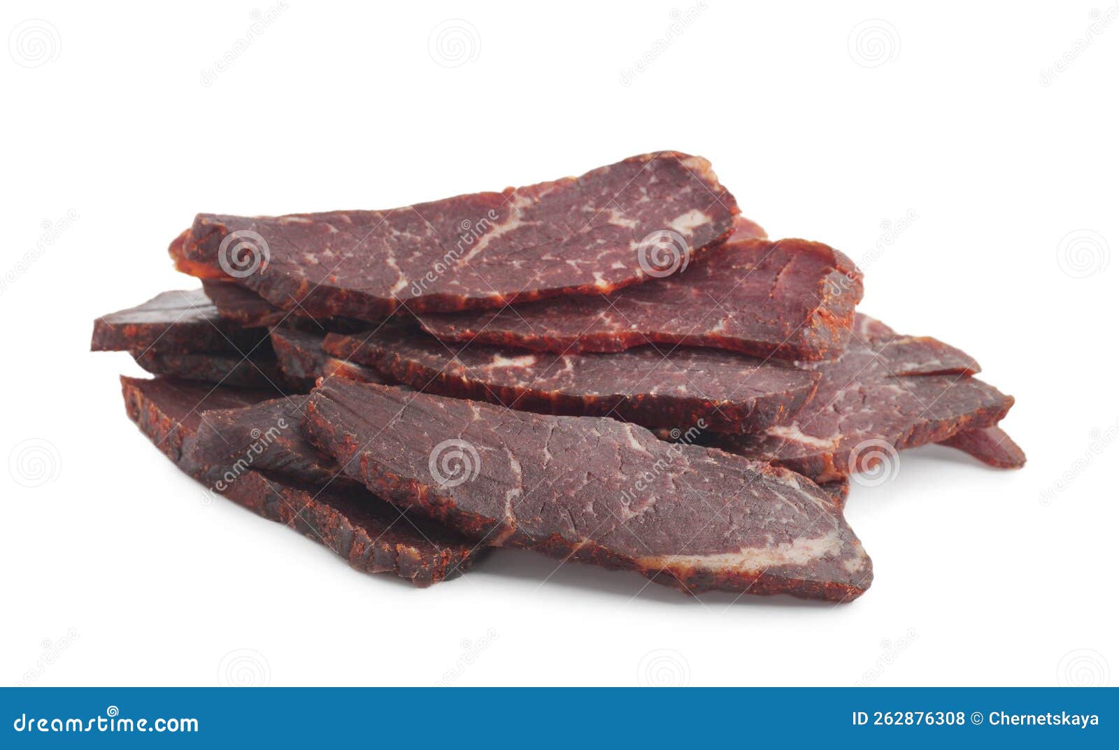 Pieces of Delicious Beef Jerky on White Background Stock Photo - Image ...