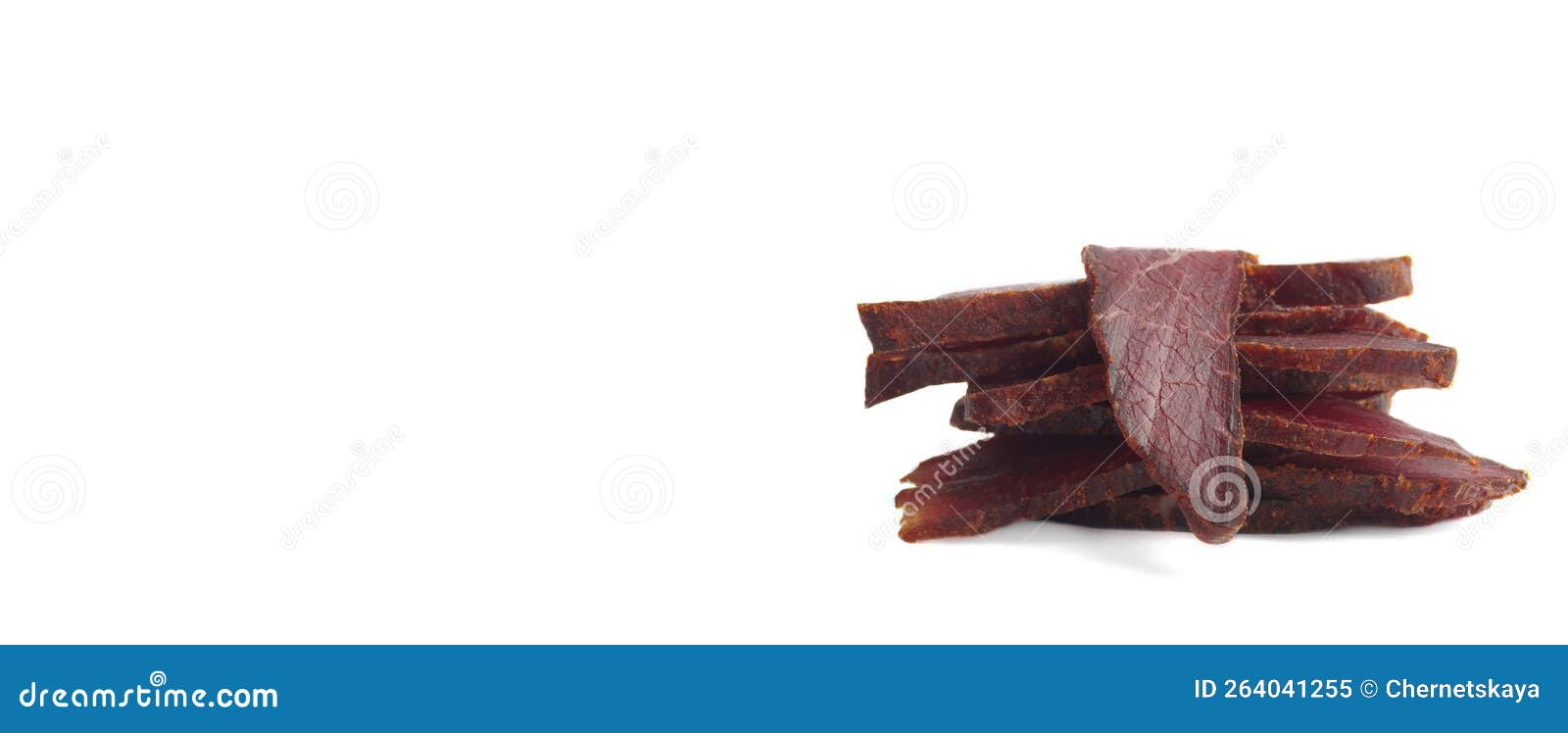 Pieces of Delicious Beef Jerky on White Background. Banner Design Stock ...