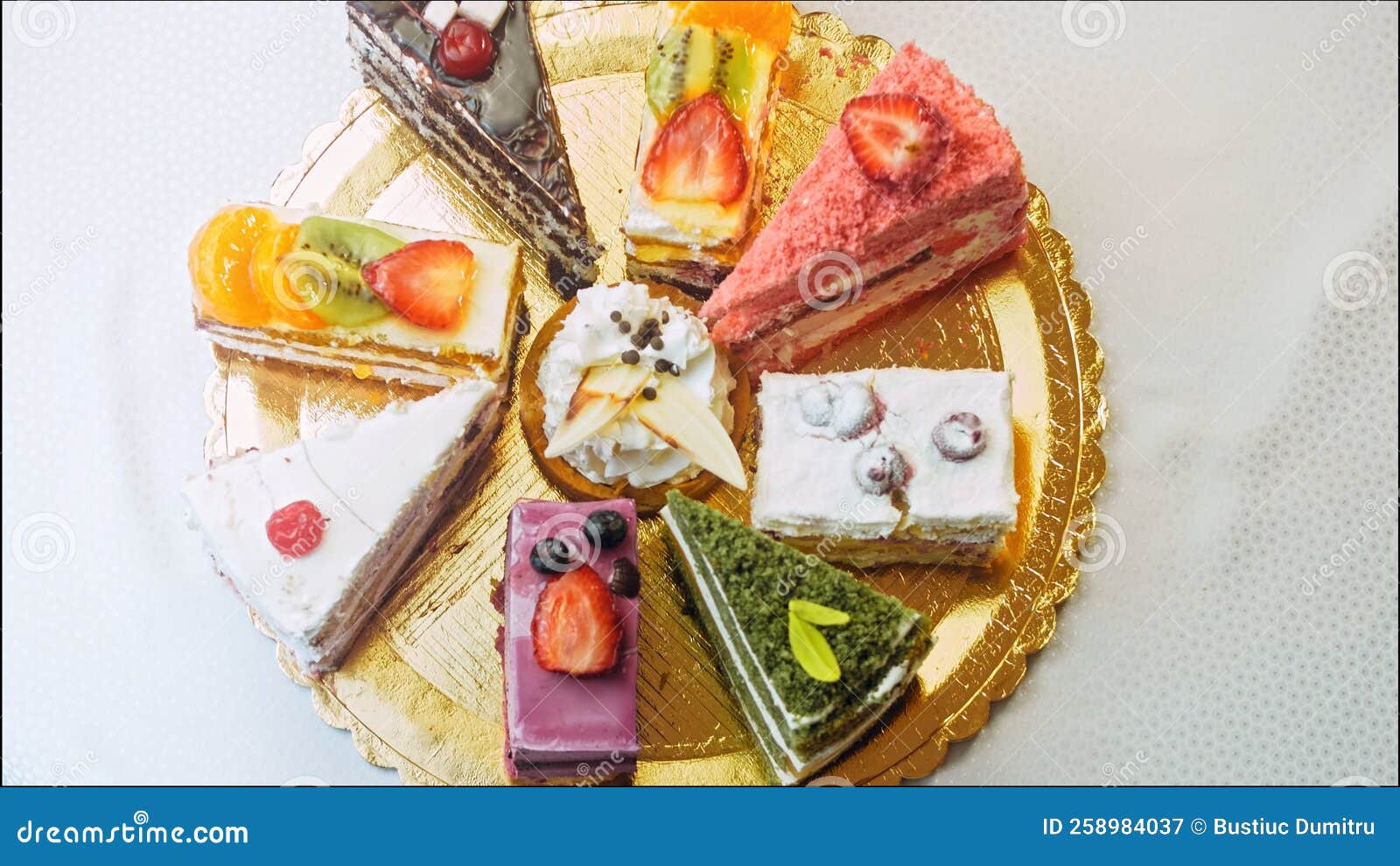 Pieces of Different Cakes on a Gold Platter. Slider and Macro Shooting ...