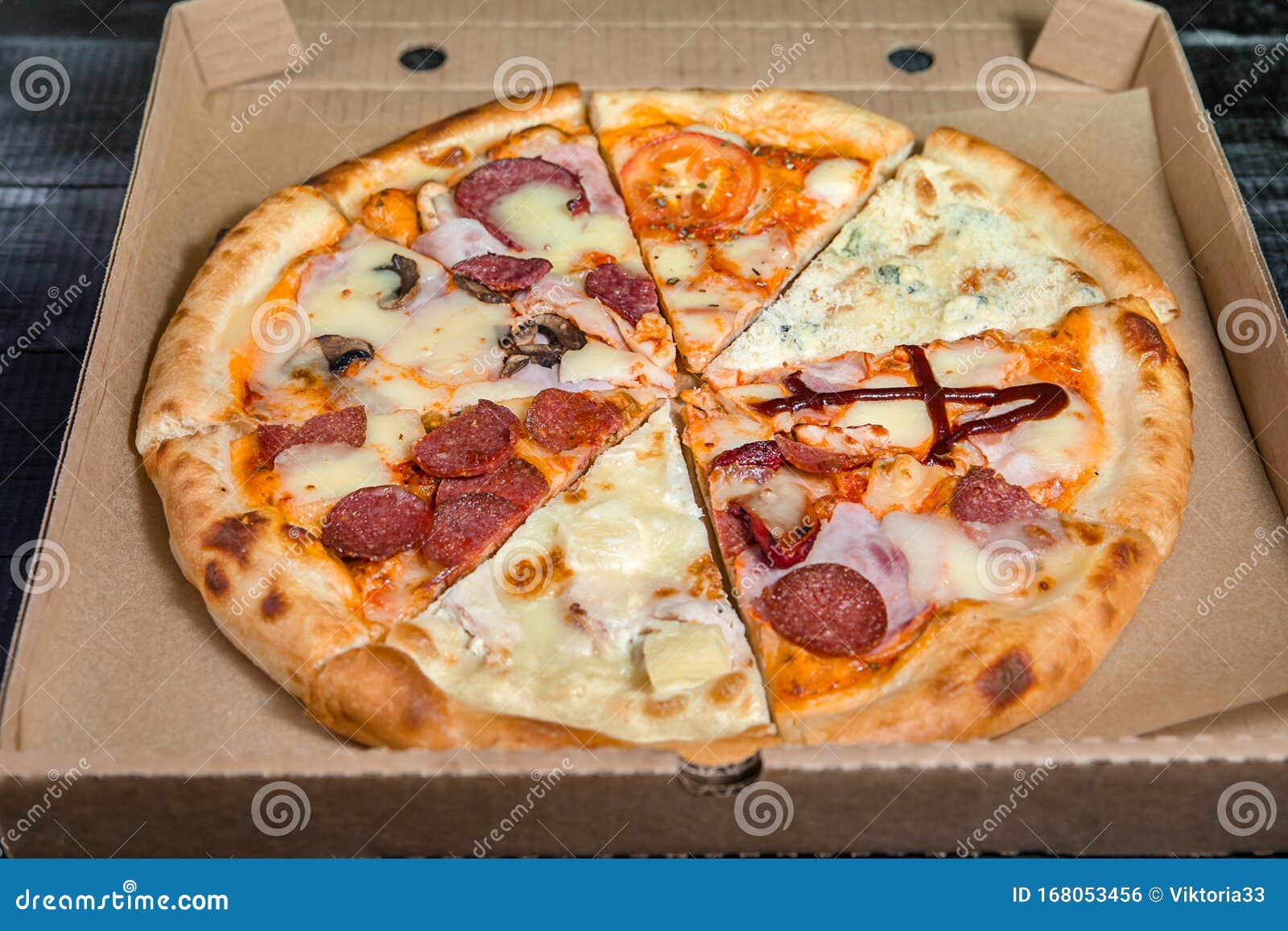 Six Different Pizza Set For Menu. Pepperoni, BBQ Chicken, Pepperoni Cut ...