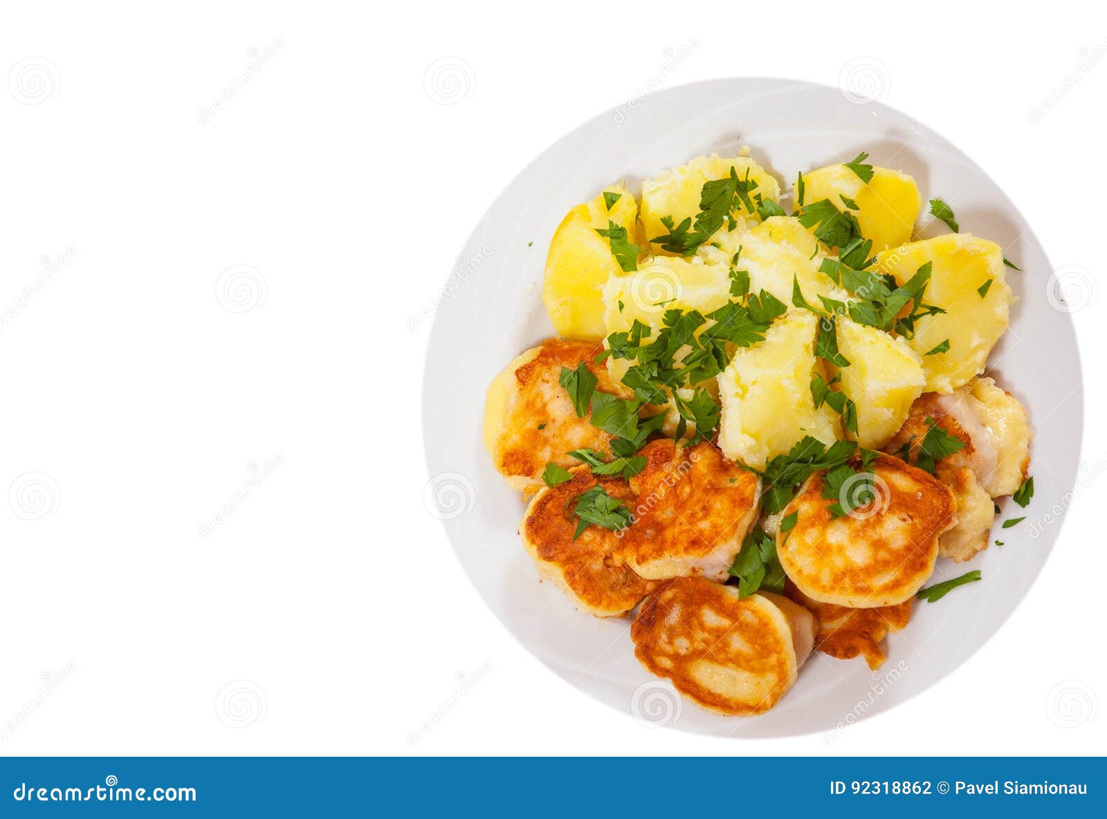 Pieces of Fish Fillets in Batter with Potato. Top View Stock Photo ...