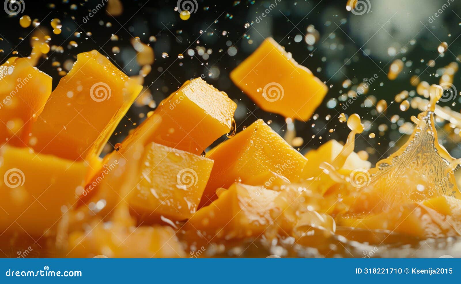 Pieces of Fresh Mango Falling into Juice on Black Background Stock ...