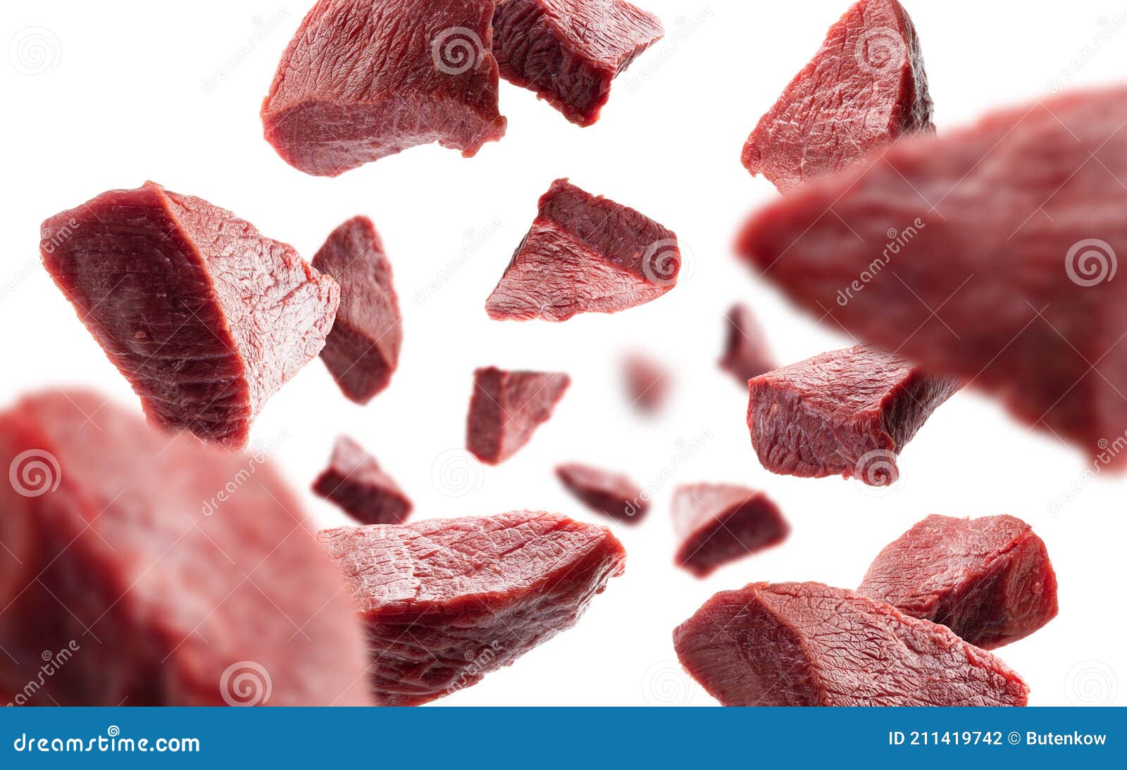 Pieces of Fresh Meat Levitate on a White Background Stock Photo - Image ...