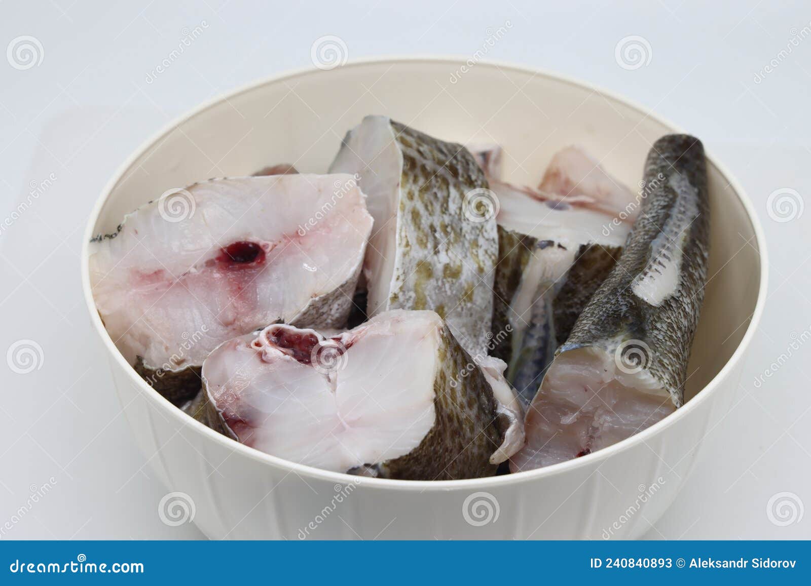 Pieces of Fresh Raw Hake Fish on White Background. Stock Image - Image ...