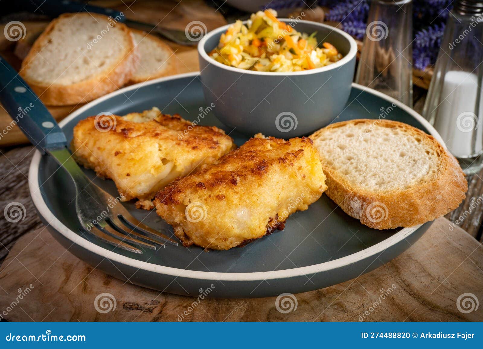 Pieces of fried cod fillet stock photo. Image of dish - 274488820