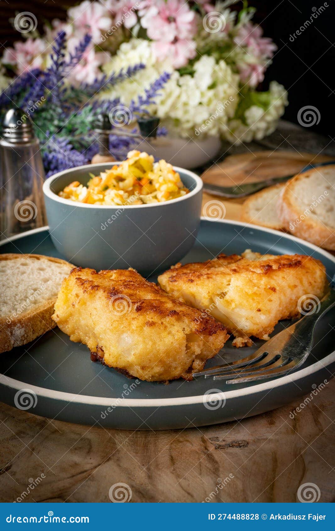 Pieces of fried cod fillet stock photo. Image of wooden - 274488828