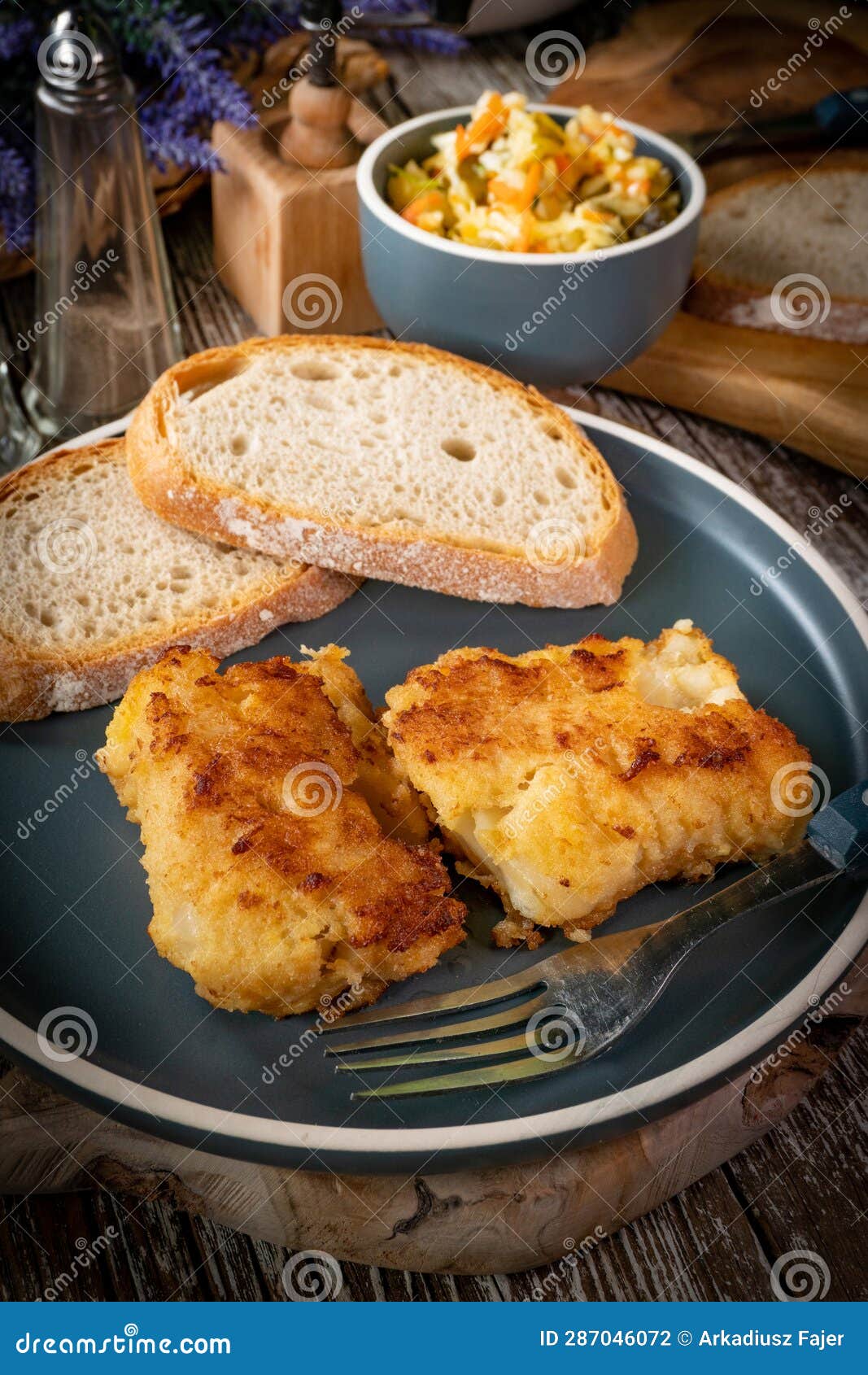 Pieces of fried cod fillet stock photo. Image of meal - 287046072