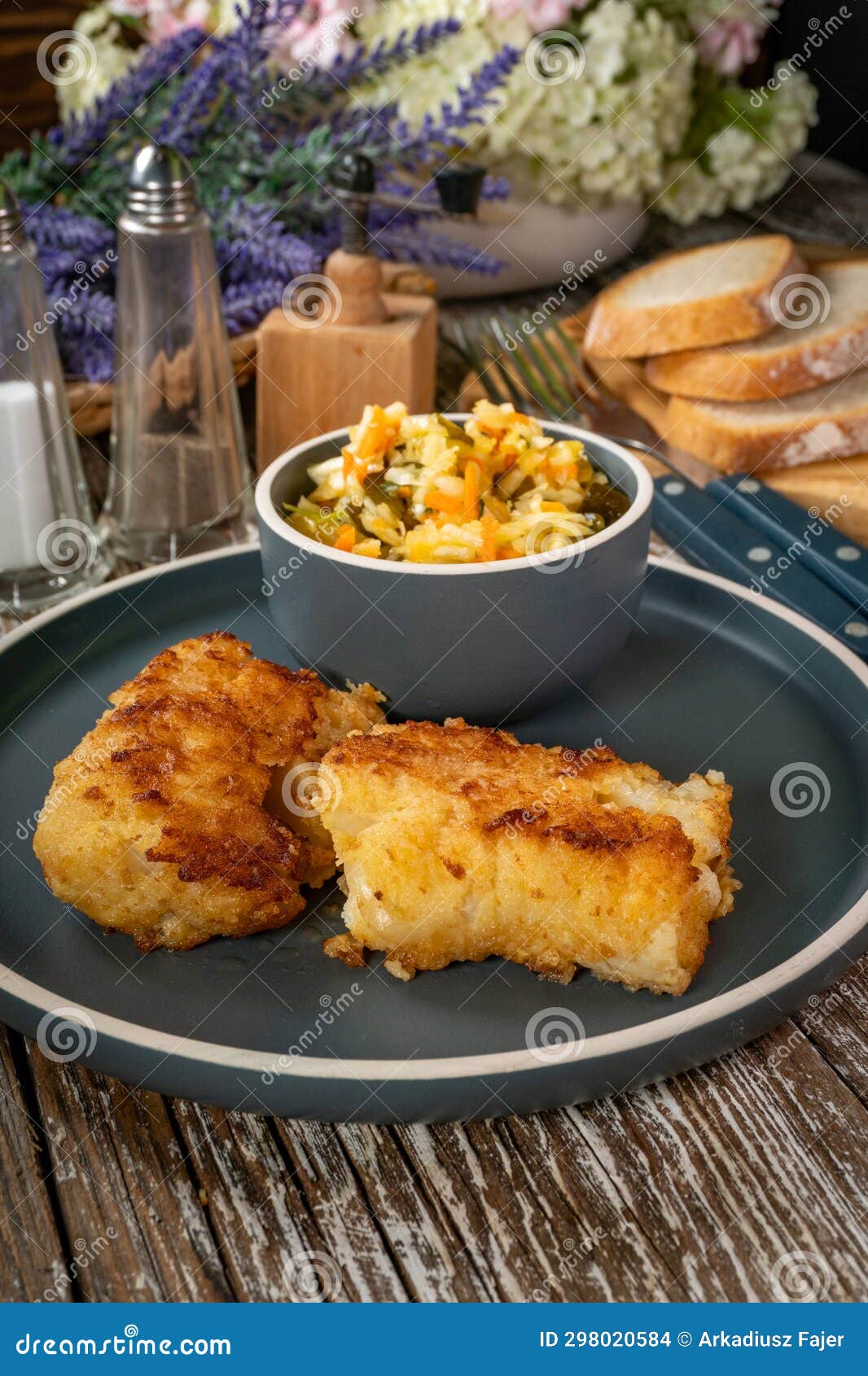 Pieces of fried cod fillet stock photo. Image of snack - 298020584