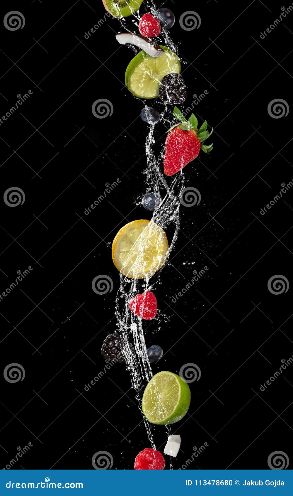 Pieces of Fruit in Water Splash, Isolated on Black Background Stock ...