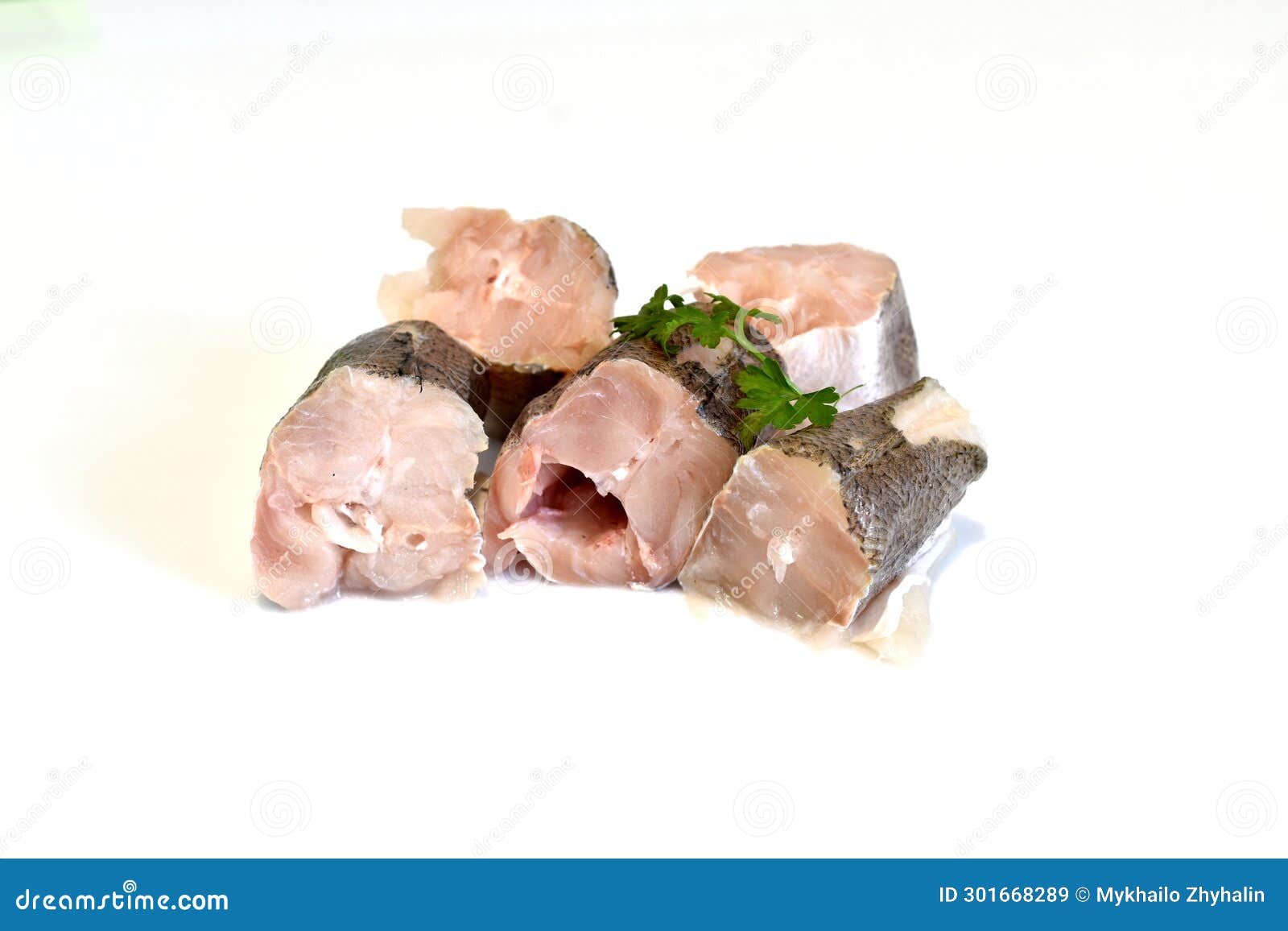 Pieces of Hake Fish on a White Background. Stock Image - Image of plate ...