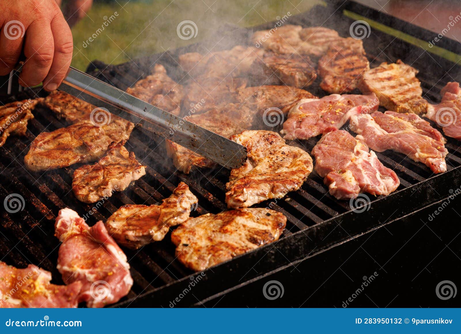 Pieces of Juicy Meat are Fried on Fire. Stock Photo - Image of beef ...