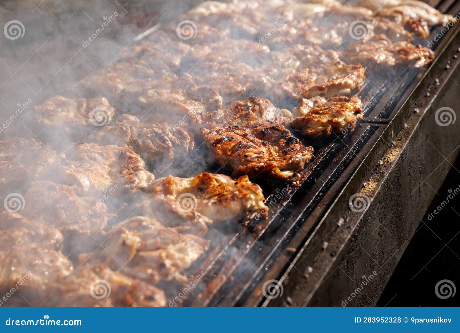 Pieces of Juicy Meat are Fried on Fire. Stock Photo - Image of flame ...