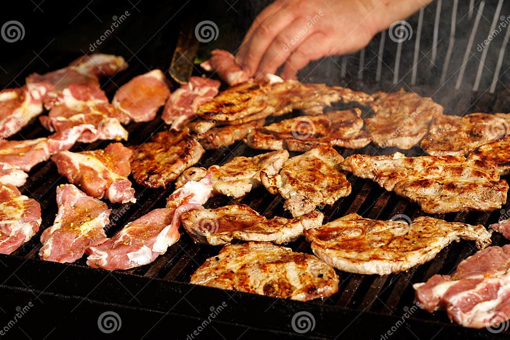 Pieces of Juicy Meat are Fried on Fire Stock Image - Image of black ...