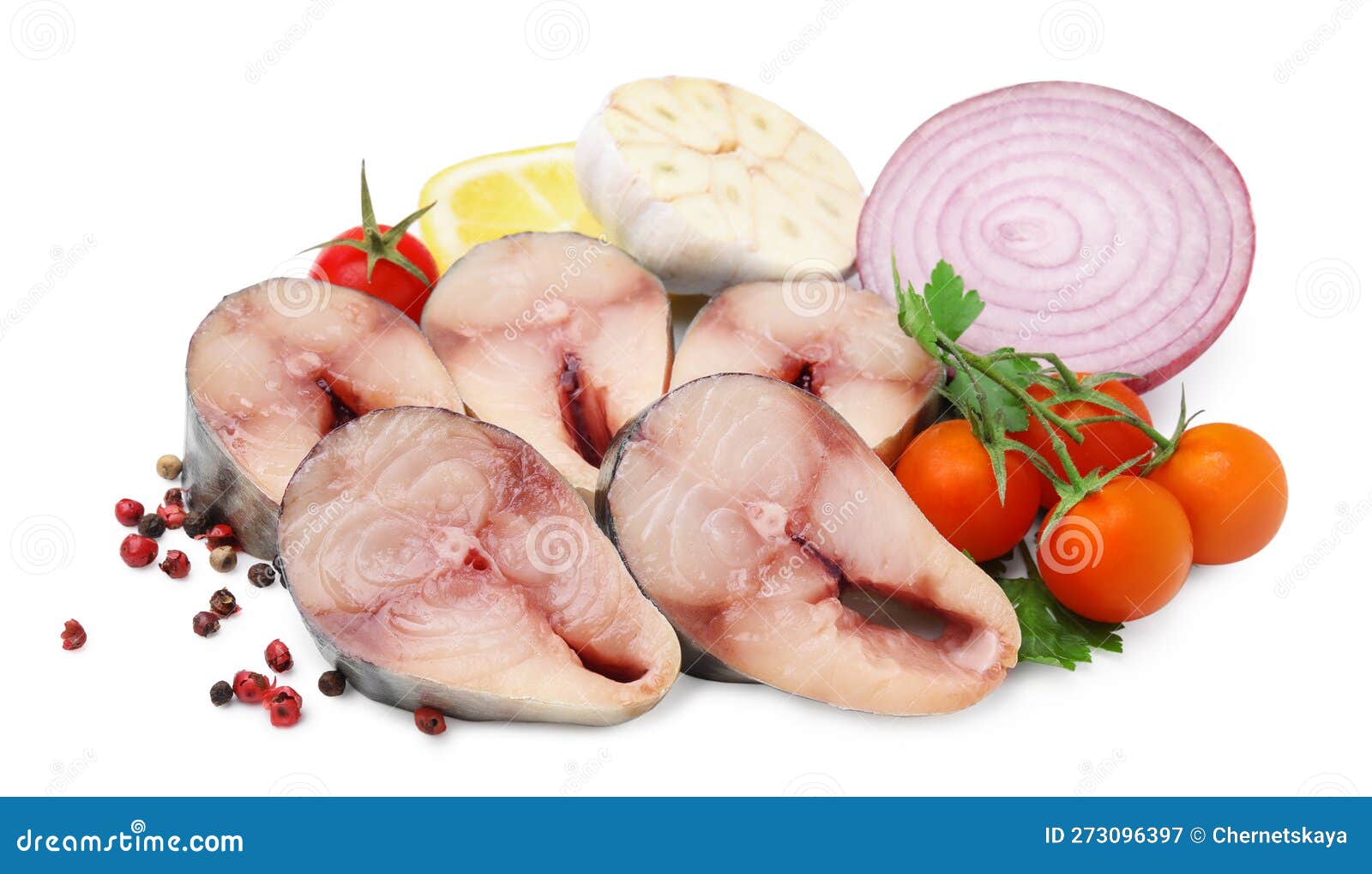 Pieces of Mackerel Fish and Different Products on White Background ...