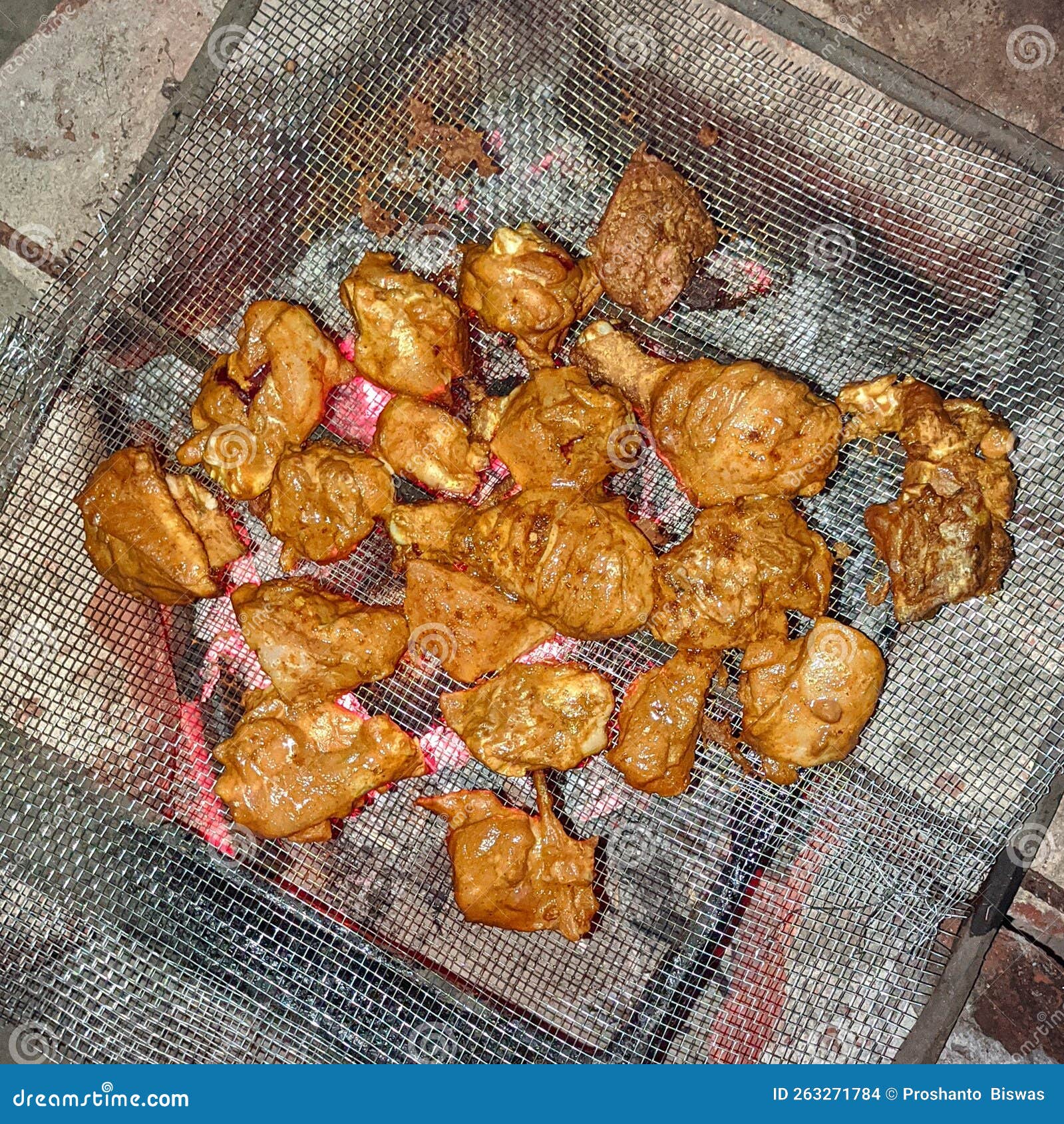 Pieces of Meat Frying on a Bricks Fire Stock Photo - Image of baking ...