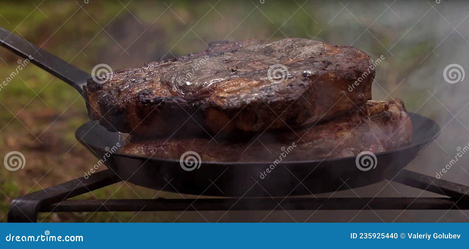 Pieces of Meat in a Frying Pan Over a Fire Stock Photo - Image of ...