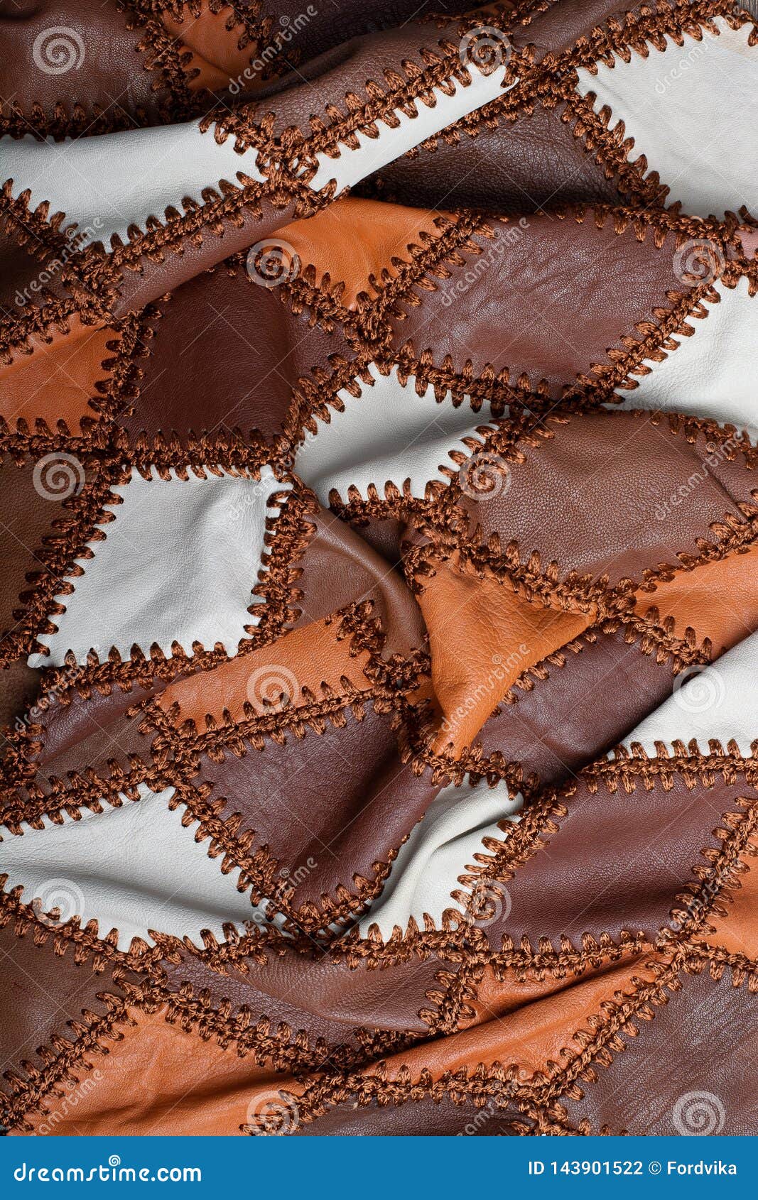 Pieces of Multi-colored Leather Sewn with Thread, Dented Fabric. Stock ...