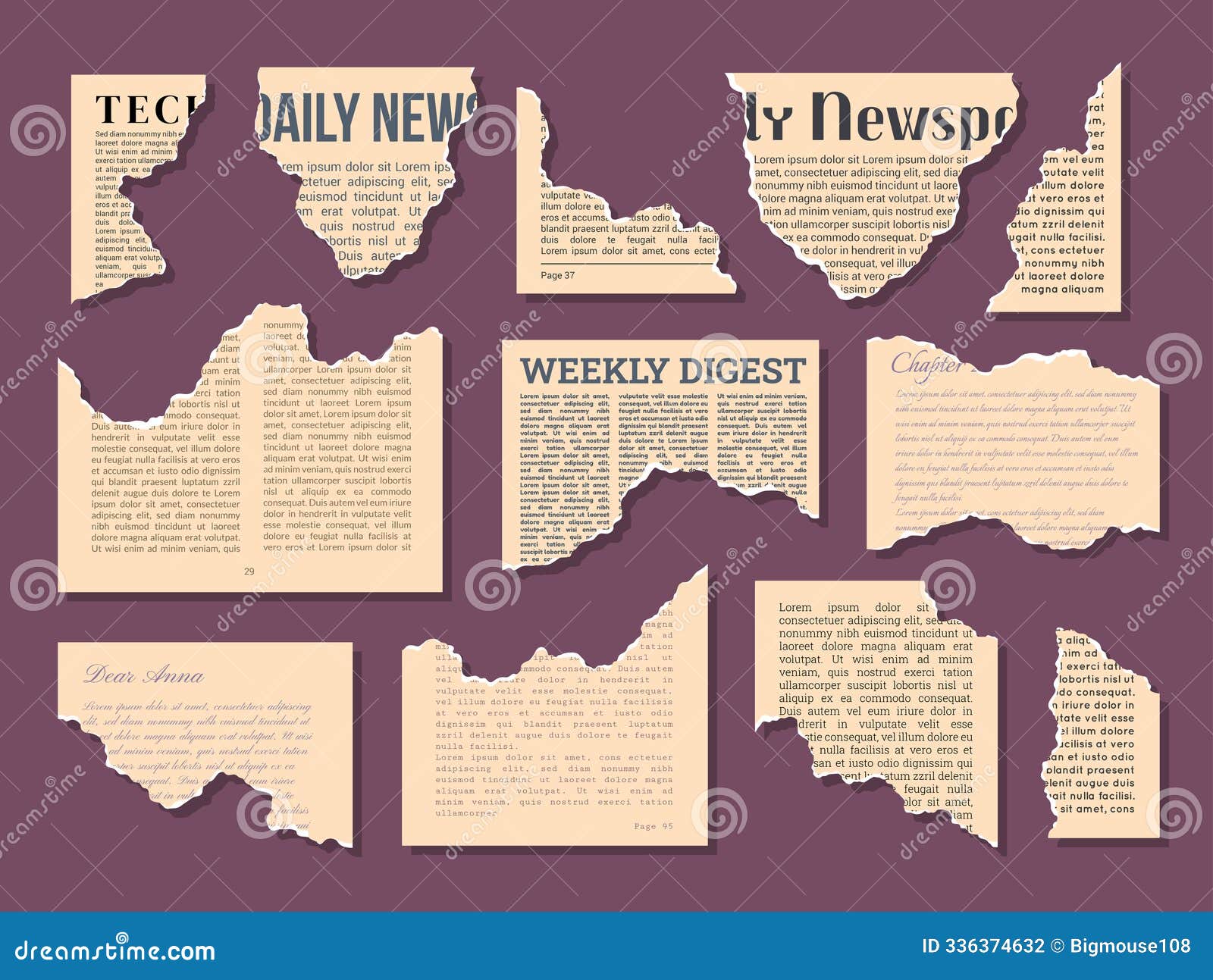 Pieces of Old Newspaper Cover Page Set. Vector Stock Illustration ...