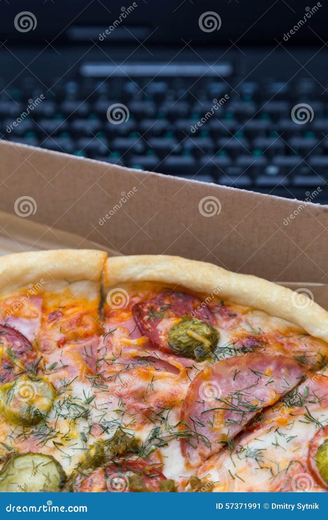 Pieces Pizza on Laptop Keyboard Background Stock Image - Image of desk ...